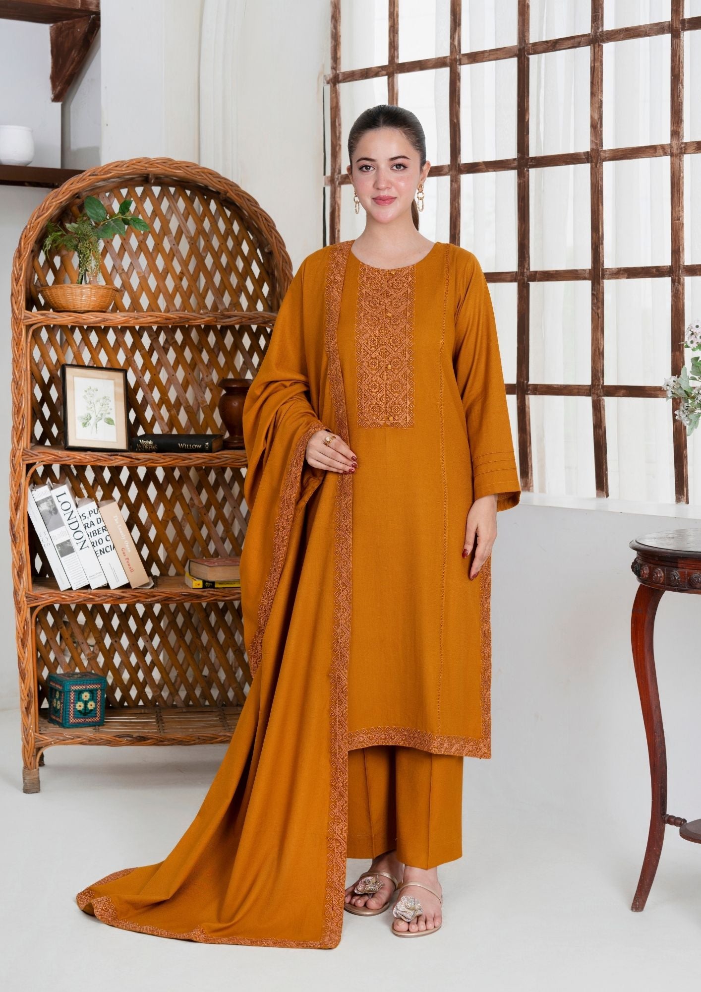 3Pc Embroidered Alpine Wool with Embroidered Border Shawl Deep Mustard ...